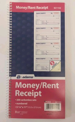 Adams Money Rent Receipt Book 2 Part Carbonless 5 1/4" x 11" Spiral 200 ...