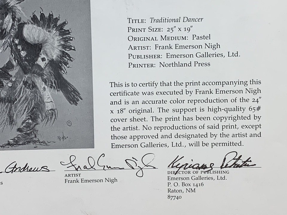 Frank Emerson Nigh Traditional Dancer Native American Print 19”x25 ...