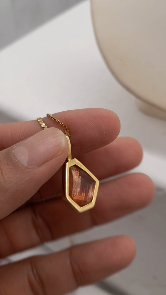 14k gold free form Peach Oregon sunstone with Schiller pendant chain ...