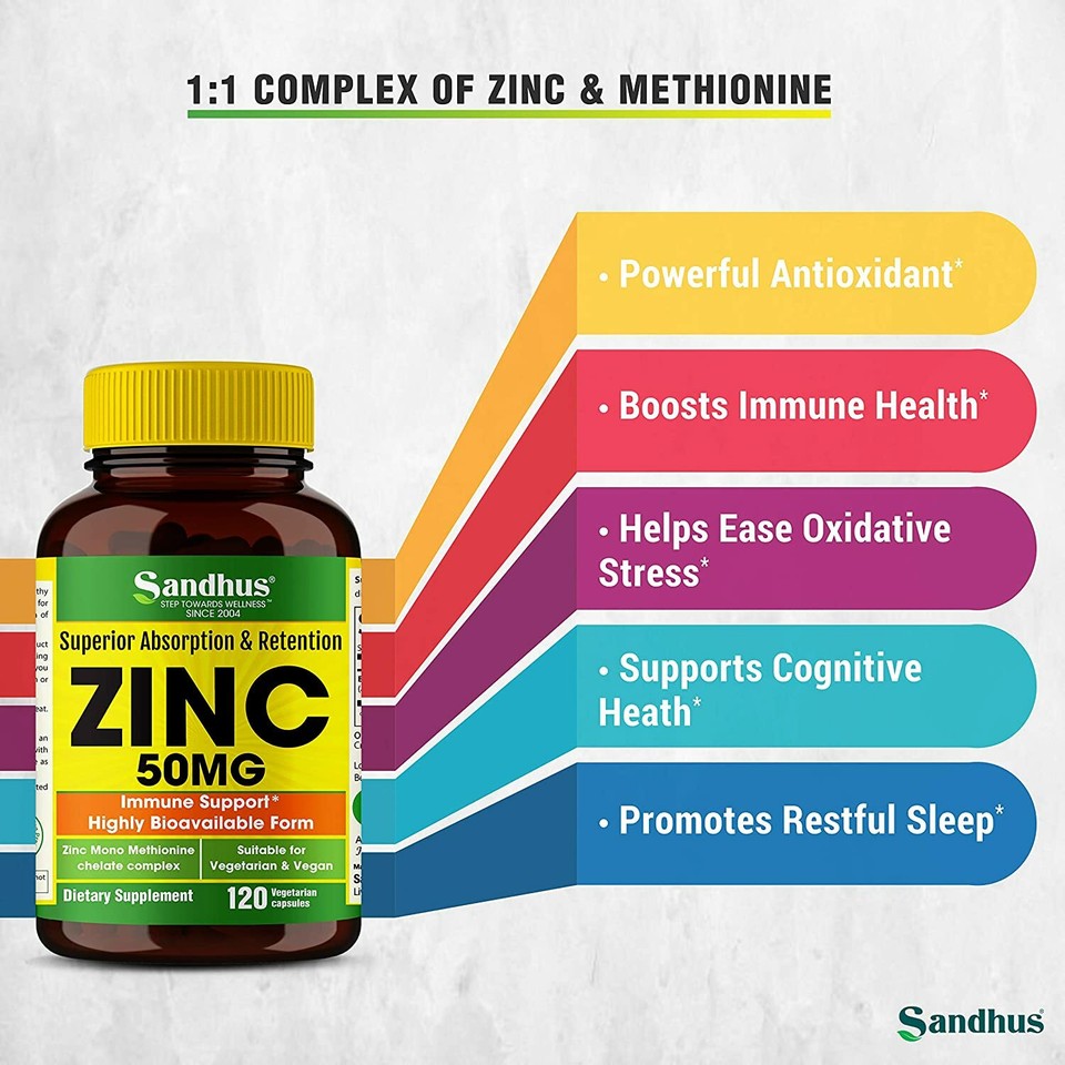 Zinc 50mg -Zinc Methionine 120 Vegetarian Capsules-Immune Health ...
