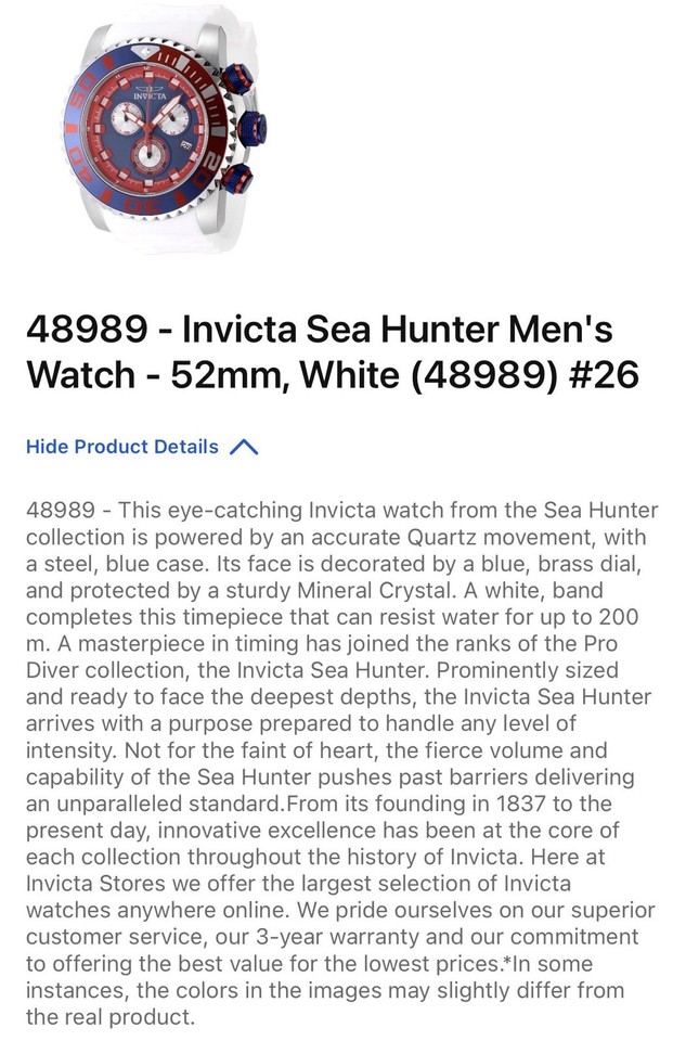Invicta Sea Hunter 52mm Chrono Red/Blk/Blu Dial Wht/Blk band Men's ...