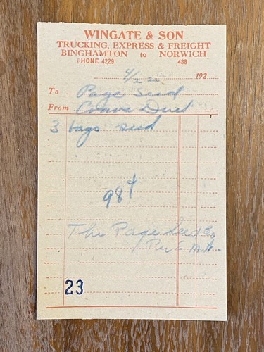 1920s Receipt, Wingate & Son, Trucking, Express & Freight, Binghamton ...