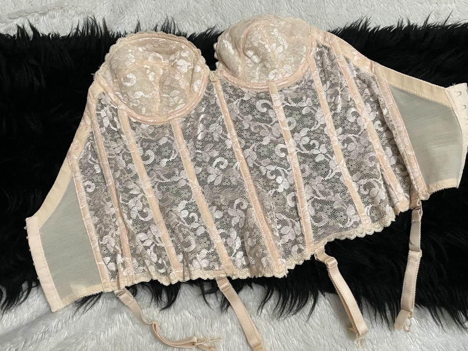 Vtg 34C CORSET Merry Widow Bra Top FLORAL LACE GARTERS Peach/Nude Fairy ...