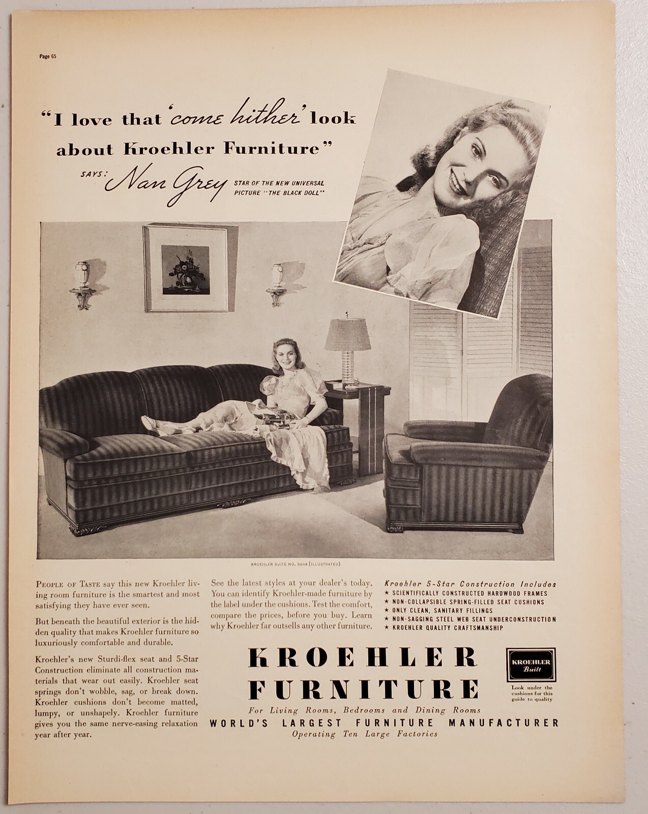 1938 Print Ad Kroehler Furniture Living Room Sofa & Chair Actress Nan ...