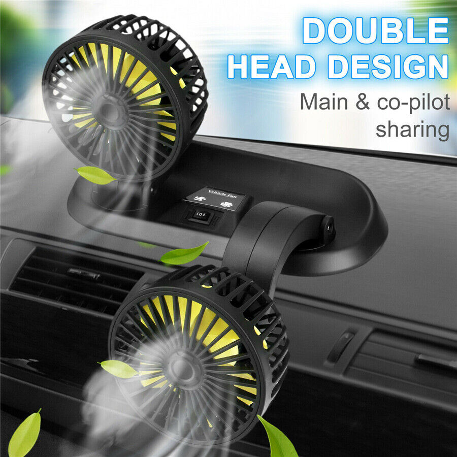 12V Black Car Folding Dual Head Fan 360° Rotatable Auto Cooler Air Fan ...