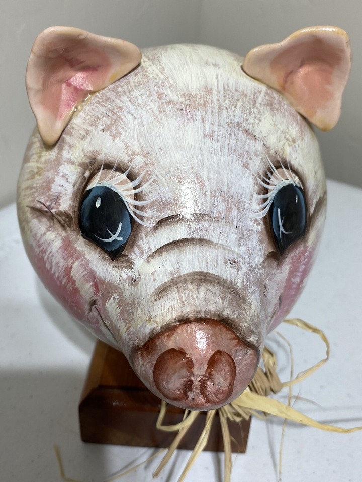 Vtg Hand Painted Pig Gourd On Wood Base Folk Art Signed Nancy Goodman ...