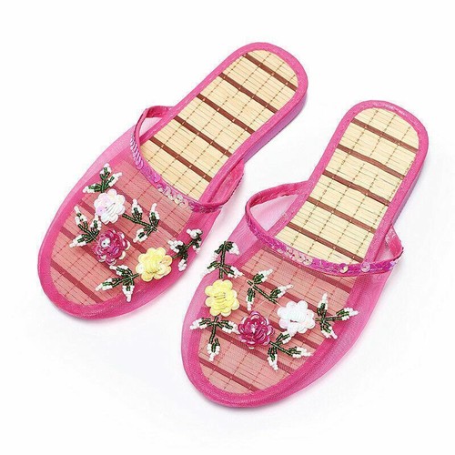 Women Chinese Mesh Floral Slippers Slides Slip On Flats Flip Flop ...