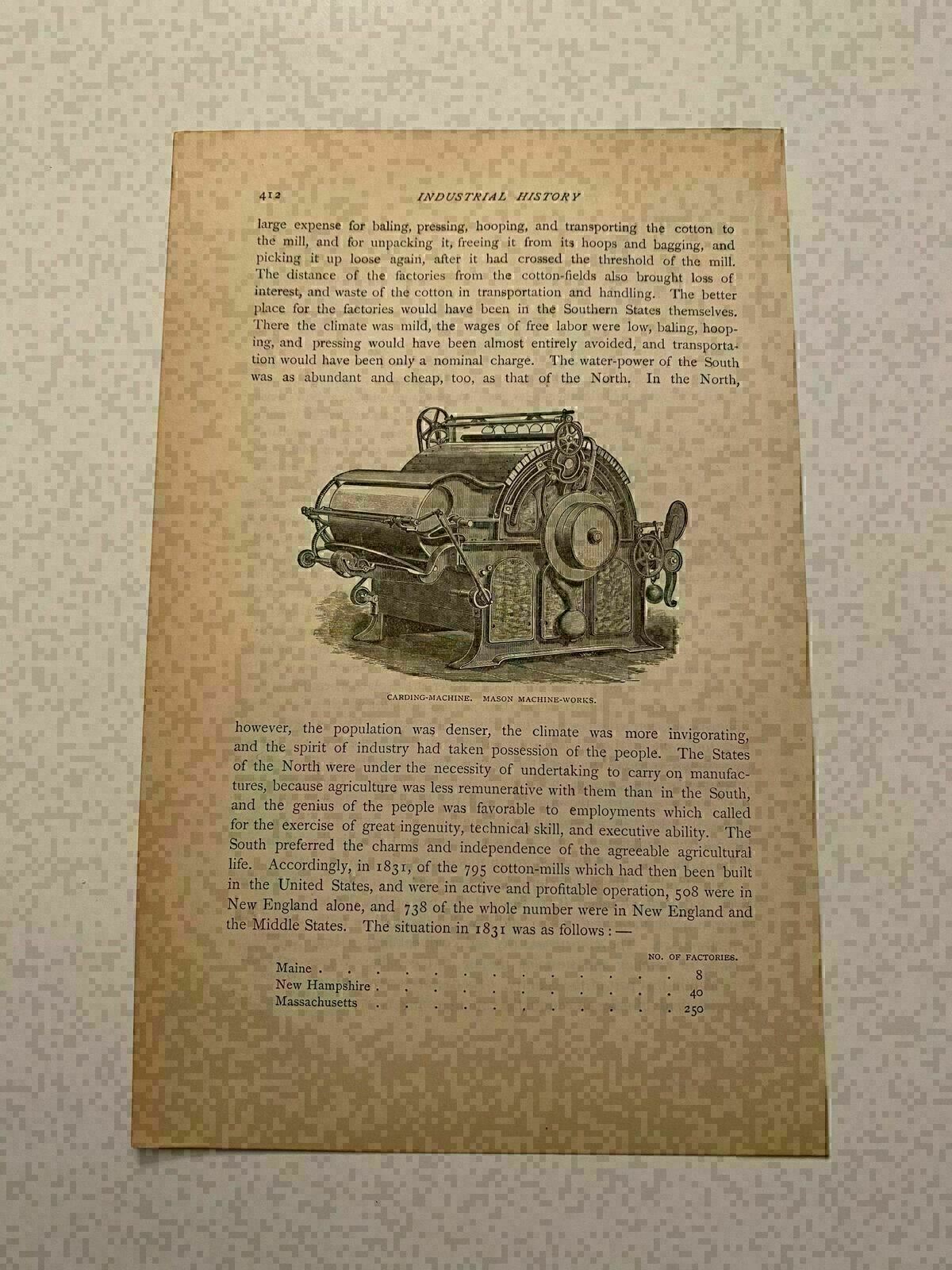 KP195) Carding Machine Mason Machine Works Industrial History 1879 ...
