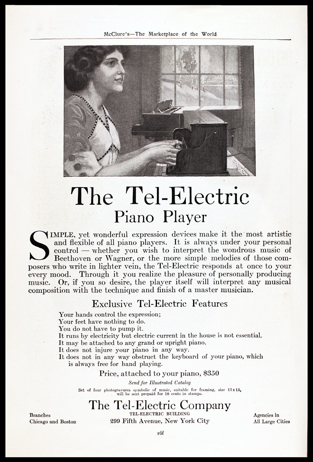 1912 TEL-ELECTRIC Piano Player Woman Playing Artistically Vintage PRINT ...