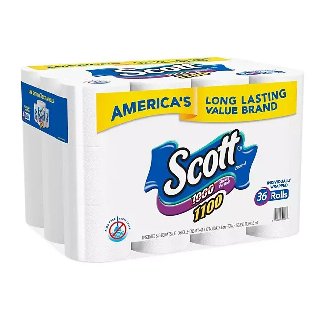 Scott 1100 1-Ply Toilet Paper (1100 sheets/roll, 36 rolls) Free ...