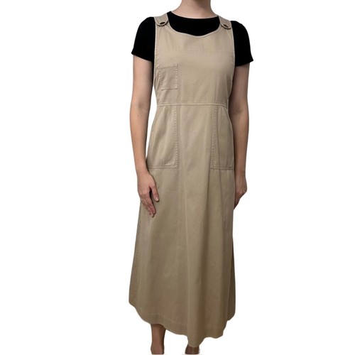 Vintage Dress Midi Modest Pinafore Khaki Work Minimalist Cotton Size ...
