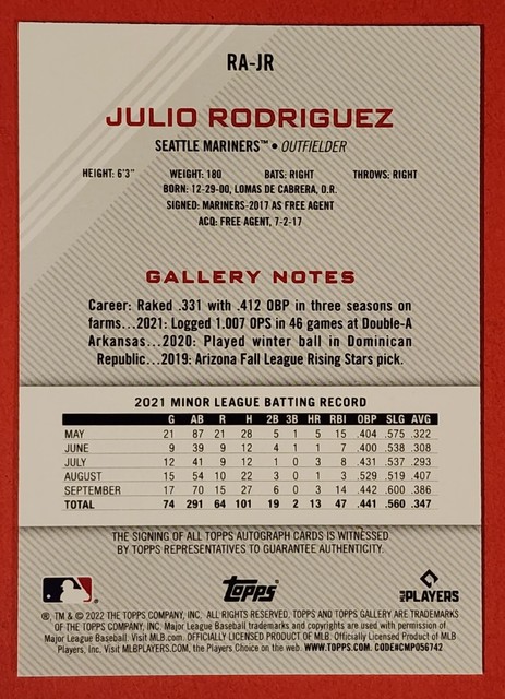 2022 Topps Gallery - Rookie Autographs #RA-JR Julio Rodriguez (AU, RC ...