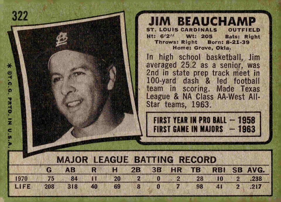 1971 Topps Jim Beauchamp #322 - St. Louis Cardinals | eBay