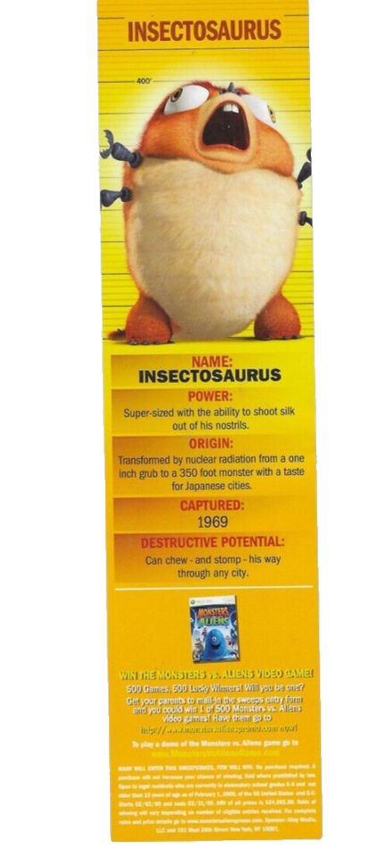Insectosaurus Monsters vs Aliens Bookmark pre-2009 Movie Release | eBay