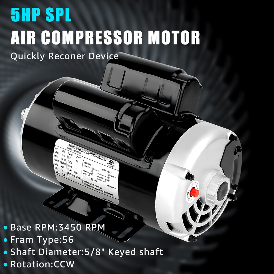5 HP SPL 3450 RPM Air Compressor 230V Electric Motor 60Hz 56Frame CCW ...