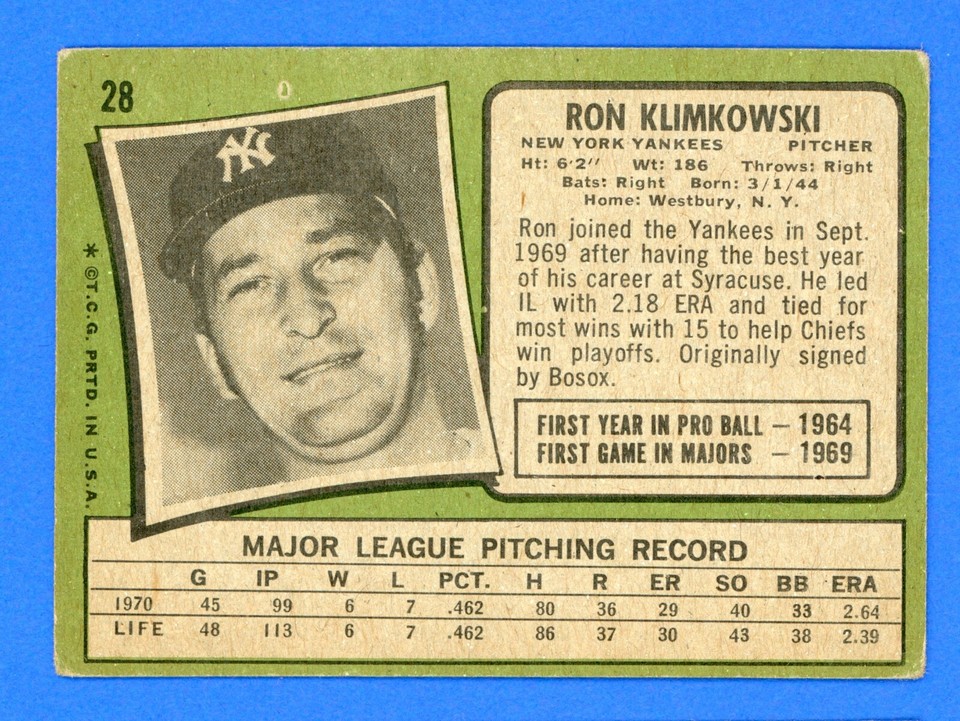 1971 Topps #28 Ron Klimkowski *Good* New York Yankees | eBay
