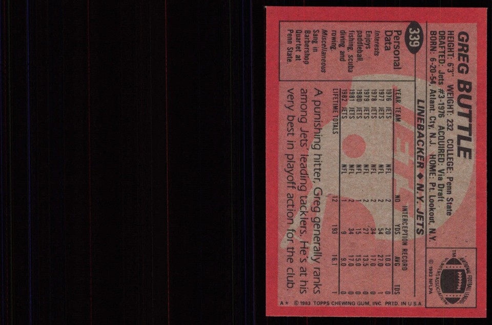 1983 Topps Greg Buttle New York Jets #339 | eBay
