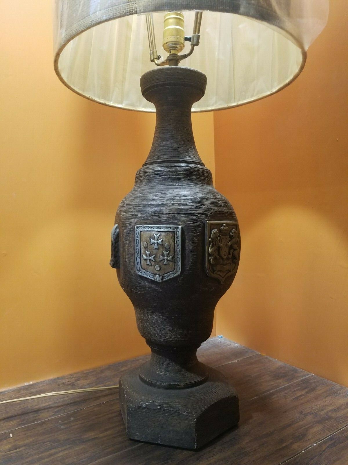 Vintage Medieval Table Lamp Castle Knight Burlap Drum Shade Mid Century ...