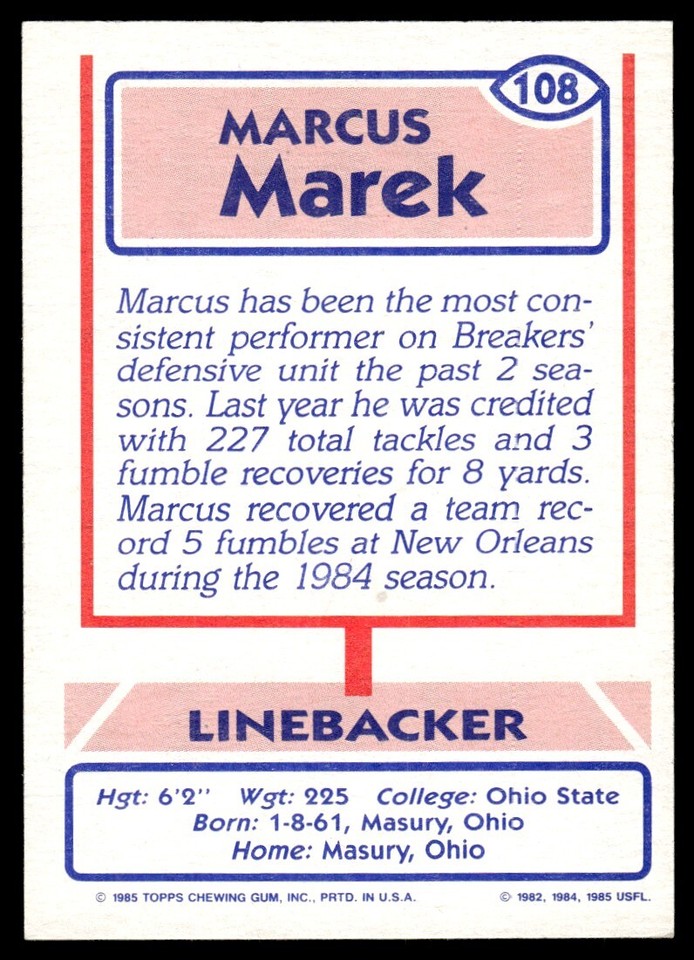 1985 Topps USFL Marcus Marek Portland Breakers #108 | eBay