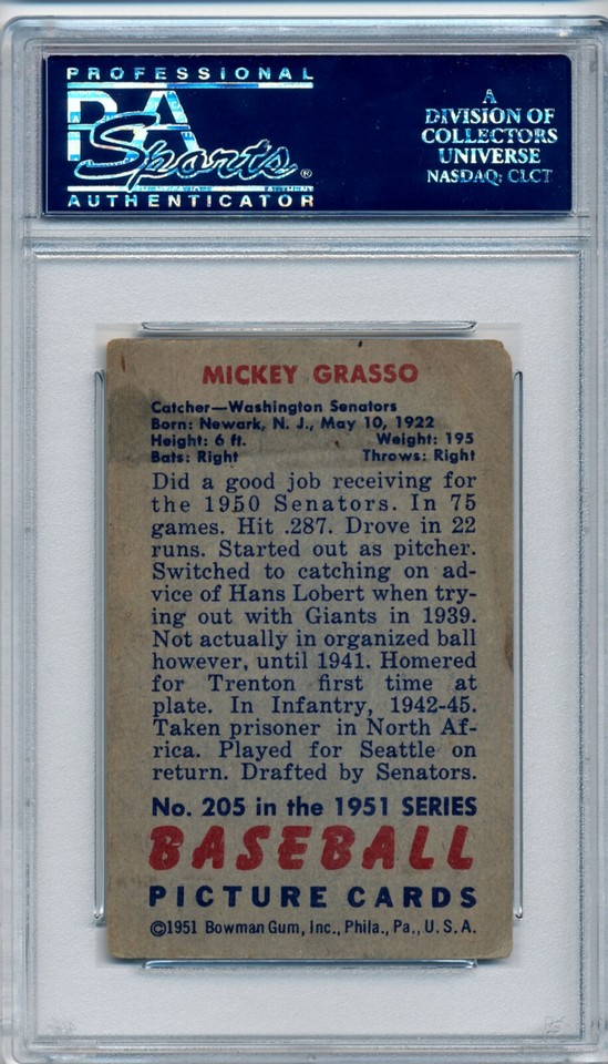 1951 Bowman MICKEY GRASSO Signed Card #205 Auto Slabbed Senators RC PSA ...
