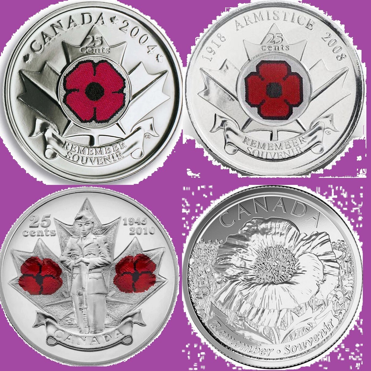 Veteran Gift: Set of Four Canada Poppy Quarter Coins i/c 3 Colored 2004 ...