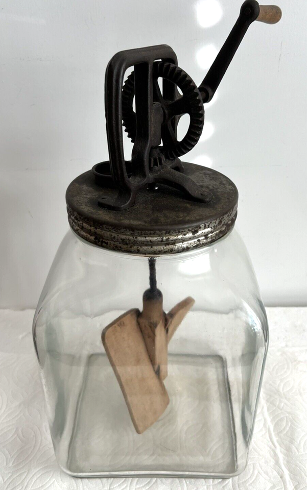 Antique Farm Fresh Kitchen 8 QT Glass Butter Churn Wood Paddle Wheel ...