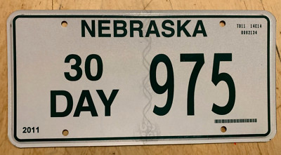 NEBRASKA 30 DAY ALUMINUM TEMPORARY LICENSE PLATE " 975 " NE 3 DIGIT ...