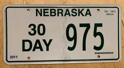 NEBRASKA 30 DAY ALUMINUM TEMPORARY LICENSE PLATE " 975 " NE 3 DIGIT ...