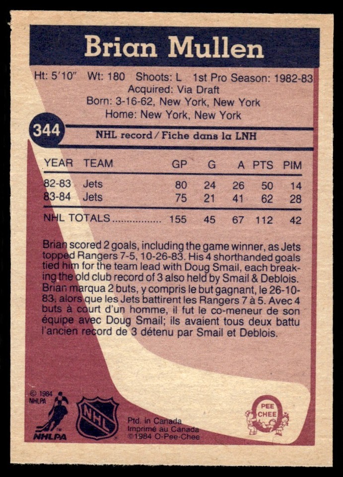 1984-85 O-Pee-Chee Brian Mullen Winnipeg Jets #344 | eBay