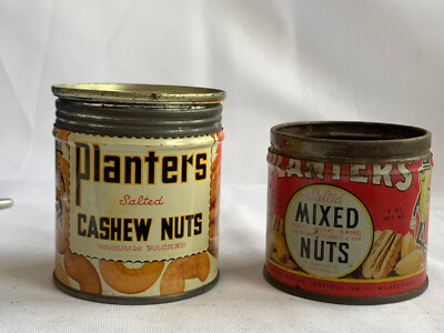 Vtg Planters Nut & Chocolate Co Tin Lot 4 Oz Mixed Nuts & 4 Oz Cashew ...