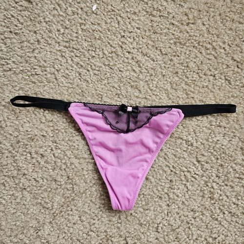 Victorias Secret 2011 V string thong purple satin black lace bow size ...
