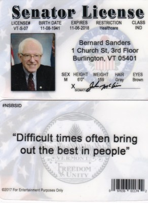 Vermont VT Senator Bernie Sanders fun id card Drivers License future ...