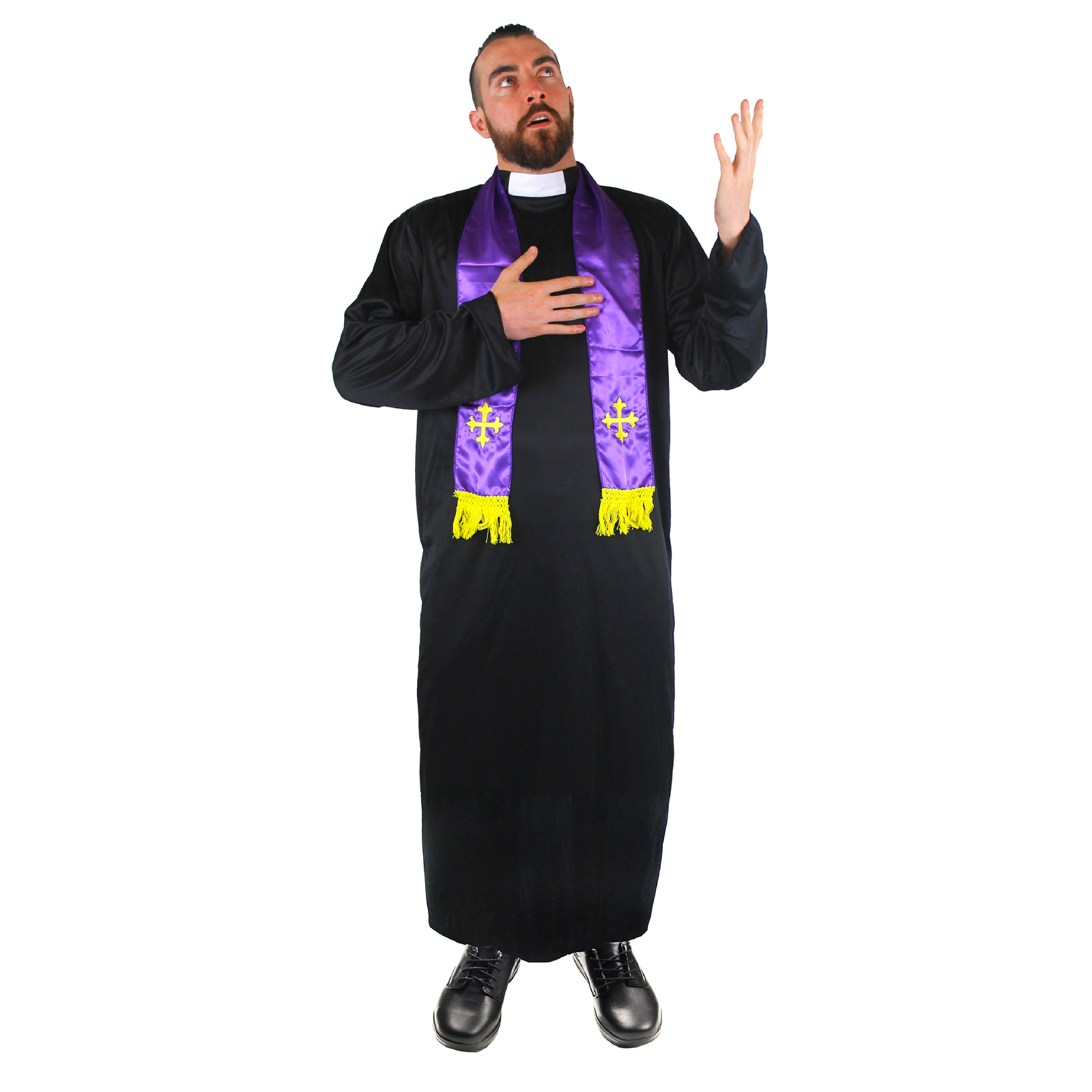 MEN'S PRIEST COSTUME VICAR RELIGIOUS FANCY DRESS ROBE AND SCARF STAG DO ...