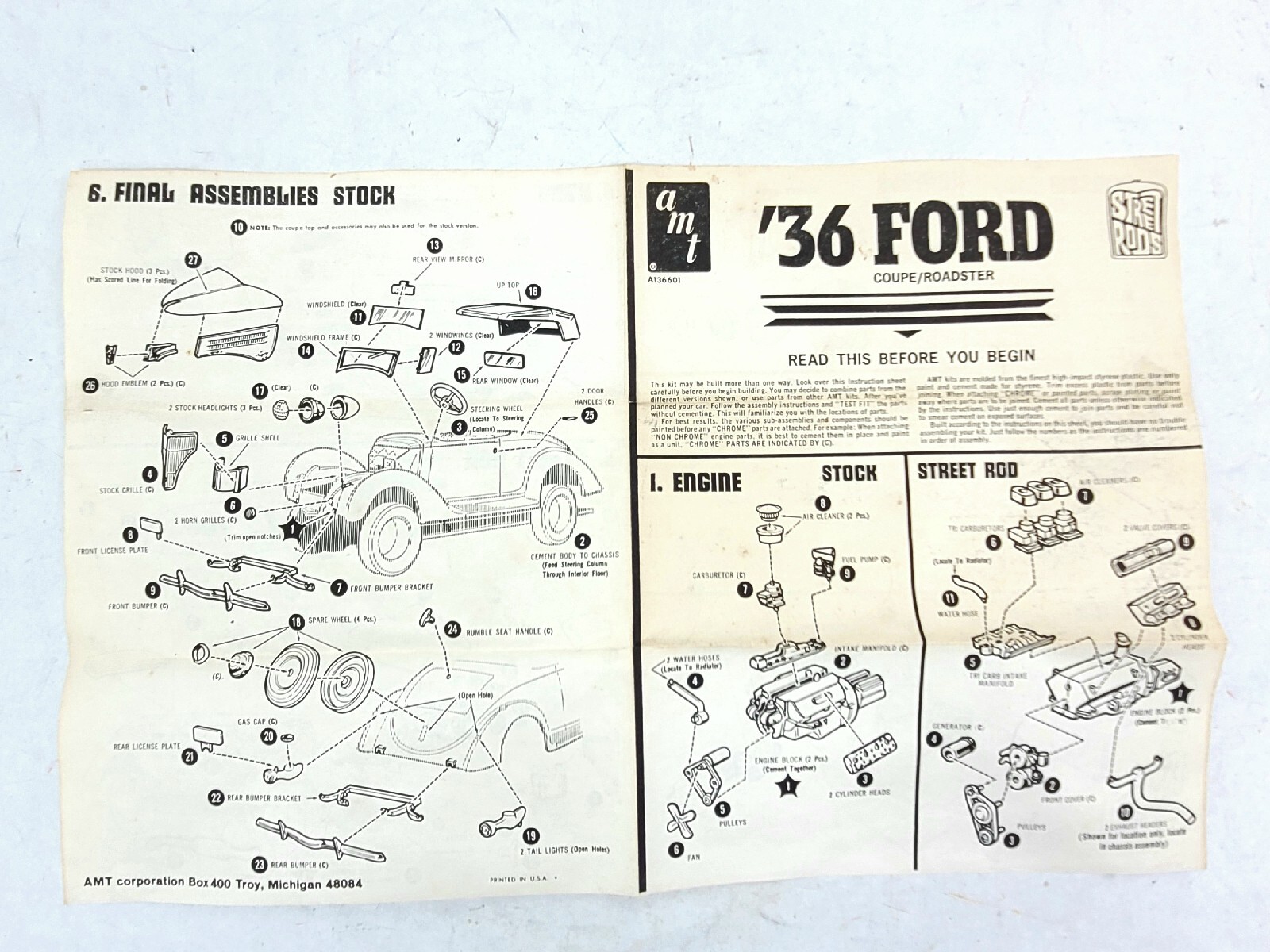 Vintage AMT 36 1936 Ford Coupe Roadster Street Rods 1:25 Model Kit A136 ...