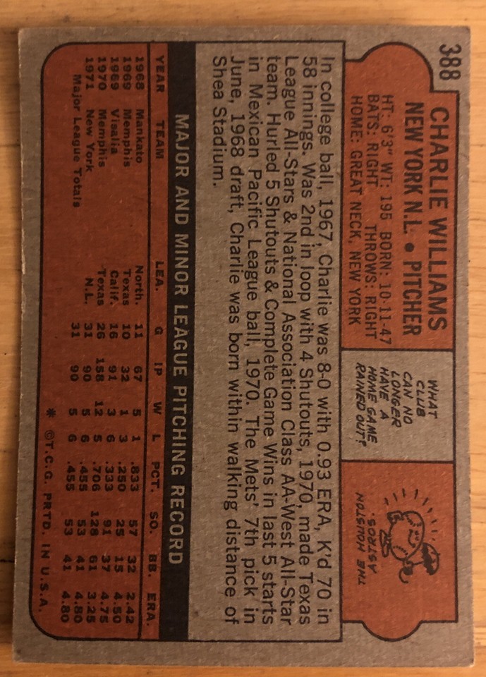 1972 Topps Charlie Williams Baseball Card Rookie (RC) #388 Mets Low ...