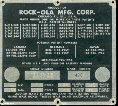 Rock-ola 426 Grand Prix II # 310025 serial number identification plate ...