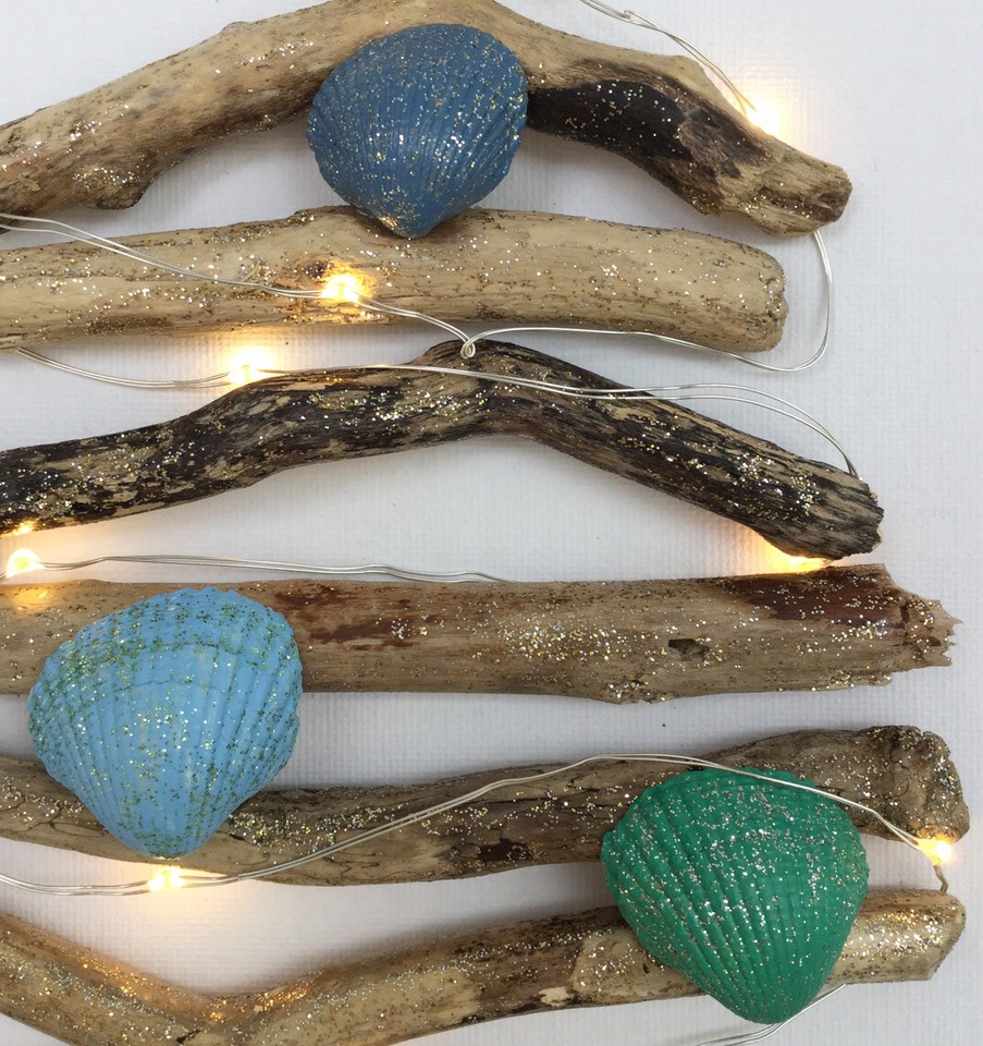 Driftwood Christmas Tree On Canvas Painted Glitter Shells & Fairy ...