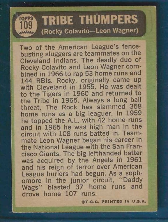 1967 Topps Baseball Cleveland Indians Tribe Thumpers Colavito/Wagner ...