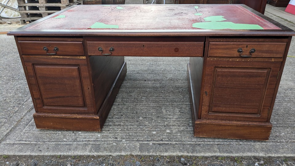 Huge reproduction pedestal partner desk quirky patched leather inset ...