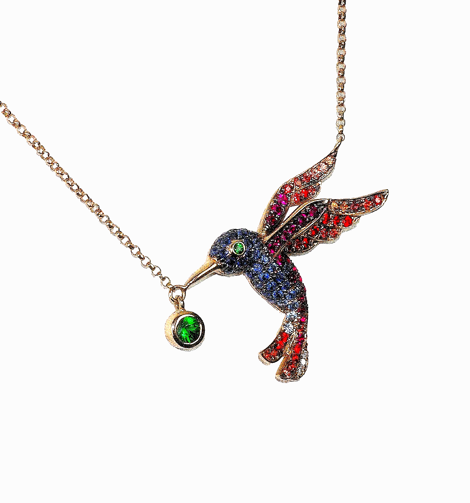 18K, HUMMINGBIRD BIRD, PENDANT, DIAMOND, RUBY, MULTI GEM SAPPHIRE ...