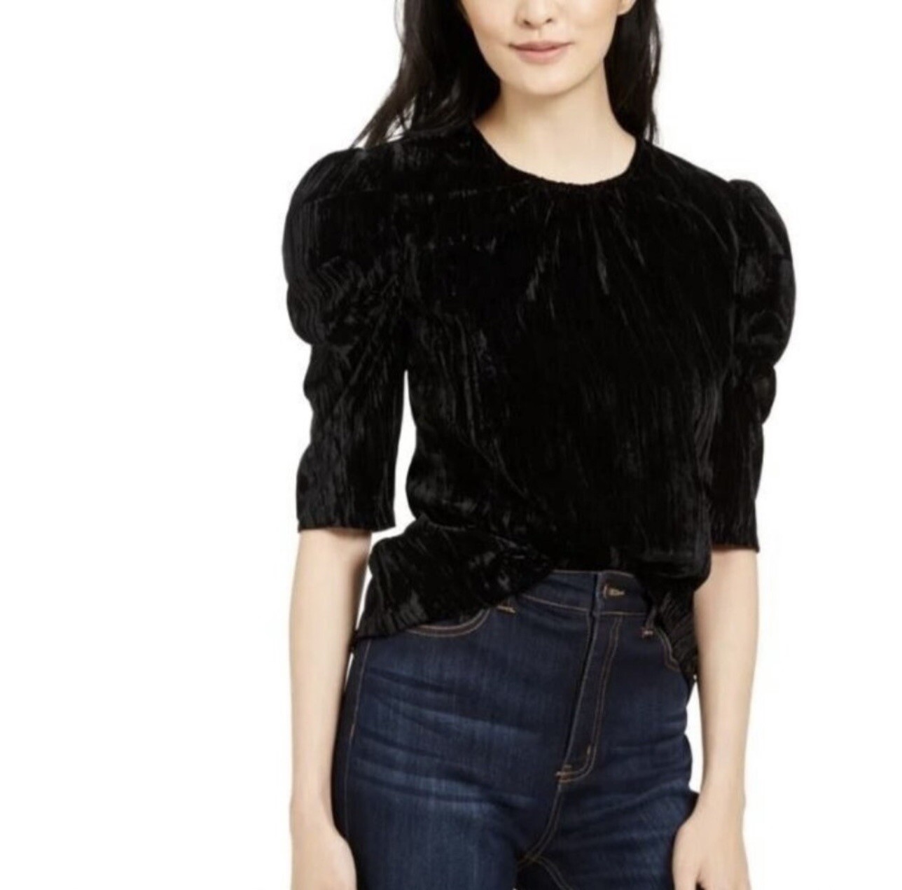 Leyden Black Crush Velvet Short Puff Sleeve Top Size … - Gem
