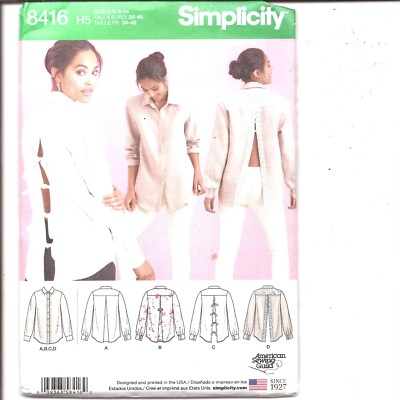 Simplicity 8416 H5 Size 6-14, Shirt w/4 Back Variations, 2019 New Uncut ...