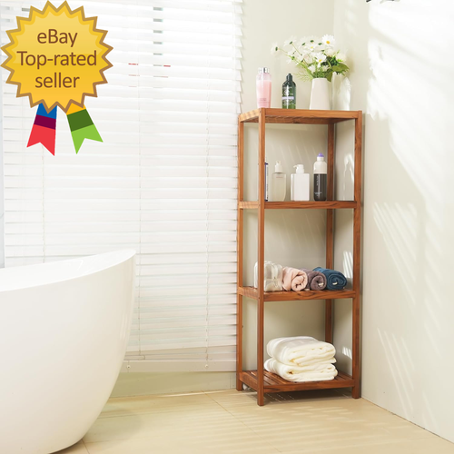 Teak Bathroom Shelf 4-Tier Storage Shelf Wooden Stand Shelf Organizer ...