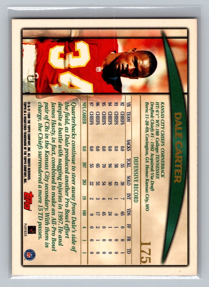 Dale Carter 1998 Topps #175 Kansas City Chiefs C17 | eBay