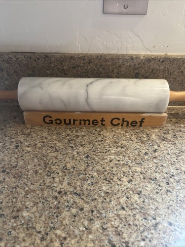 18” Marble Rolling Pin W/Wooden Cradle Stand kitchen Gourmet Chef ...