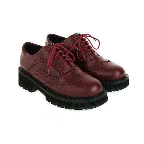 Women Block Heel Lace Up Round Toe Brogue Office College Shoes Casual ...