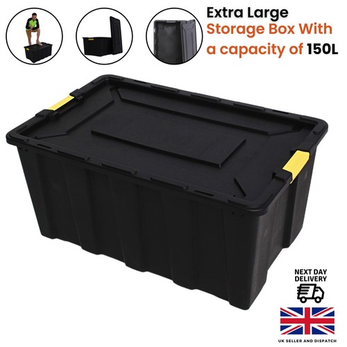 Extra Large Storage Box with Lid 150L - Heavy Duty Black Plastic ...