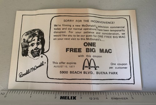 McDonald's Filming Commercial Giveaway 1977 Free Big Mac coupon very ...