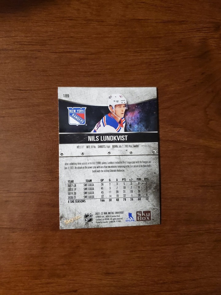 Nils Lundkvist - 2021-22 Skybox Metal Universe - #189 - RC - Rangers | eBay