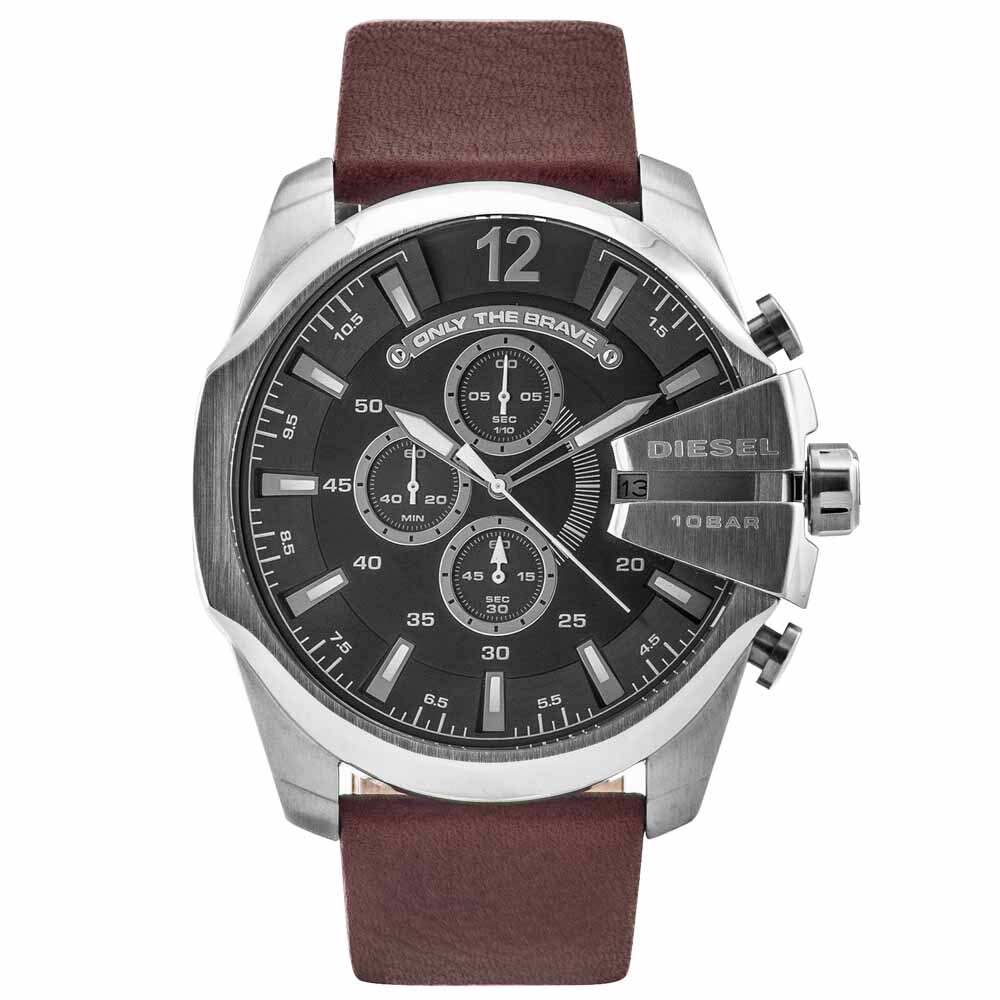 Diesel DZ4290 Mega Chief Men's Gray Dial Brown Leather Quartz Watch ...